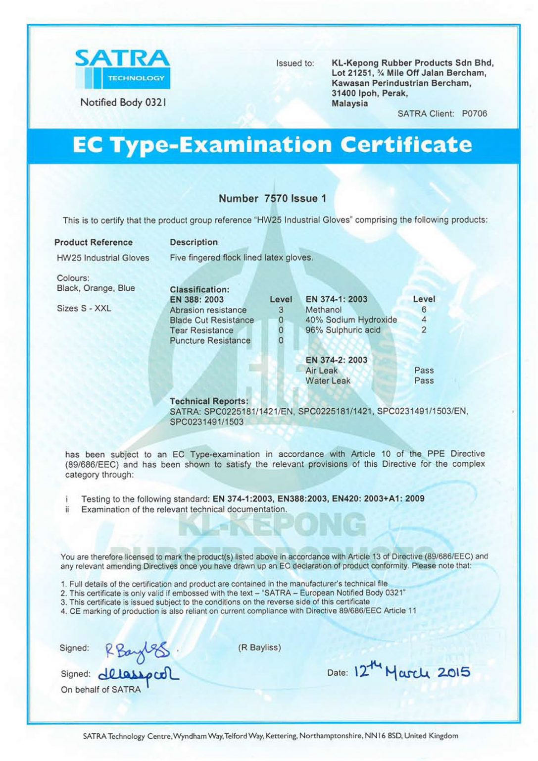 SATRA – EC Type-Examination Certificate (HW25 Industrial Gloves) - KL ...
