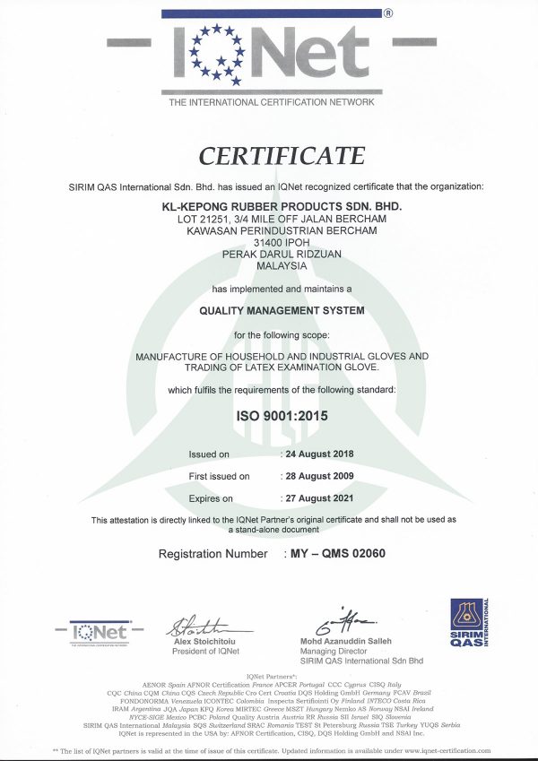 ISO 9001 Certificate (IQNet) - KL-Kepong Rubber Products